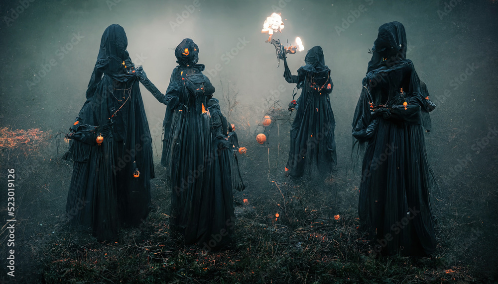 Poster A gloomy dramatic background, witches in black cloaks perform a ritual in a dark gloomy ...