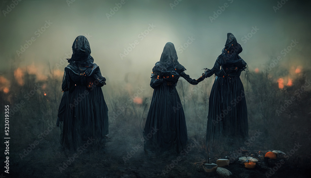 A gloomy dramatic background, witches in black cloaks perform a ritual in a dark gloomy forest ...