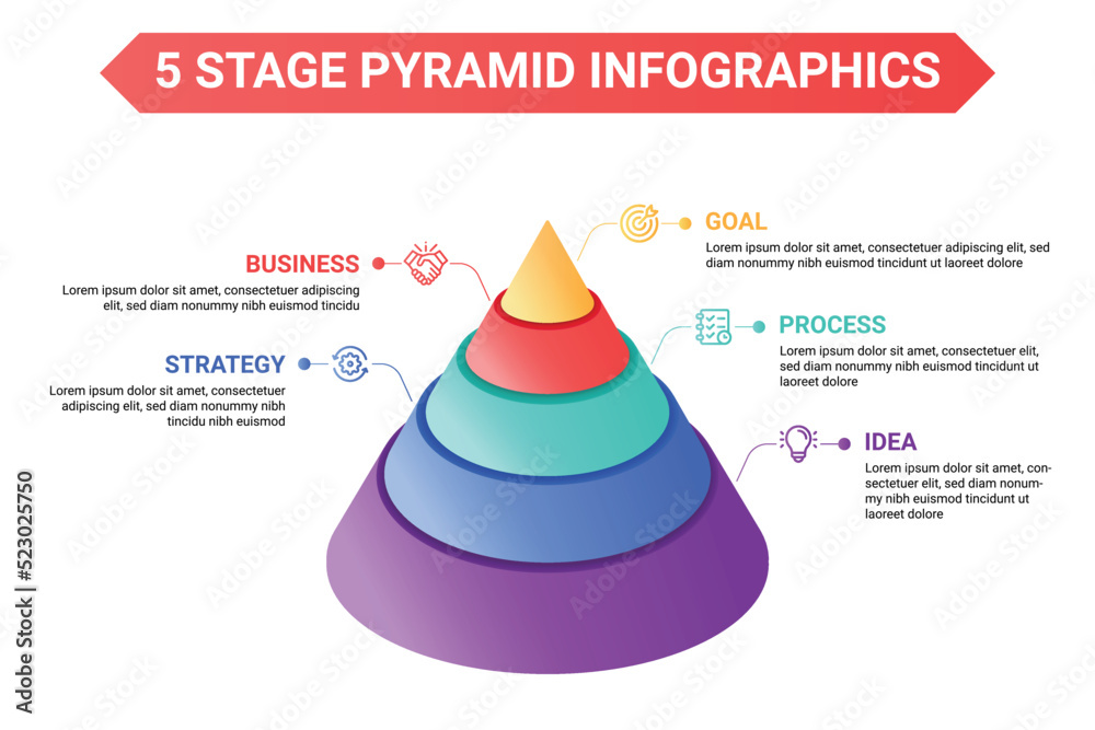 Pyramid shape Infographic design concept. 5 options level or stage with ...