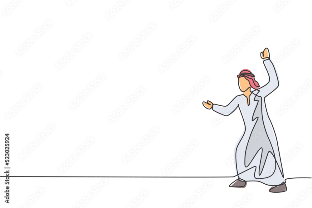 Single one line drawing of young Arab business man pose ready to hold ...
