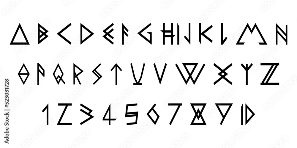 Modern runic font, alphabet and numbers. Vector illustration isolated ...