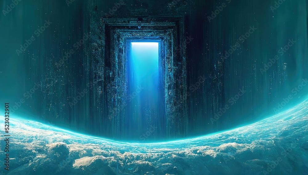 Colorful electrifying 3d rendering gate in space that leads to another ...