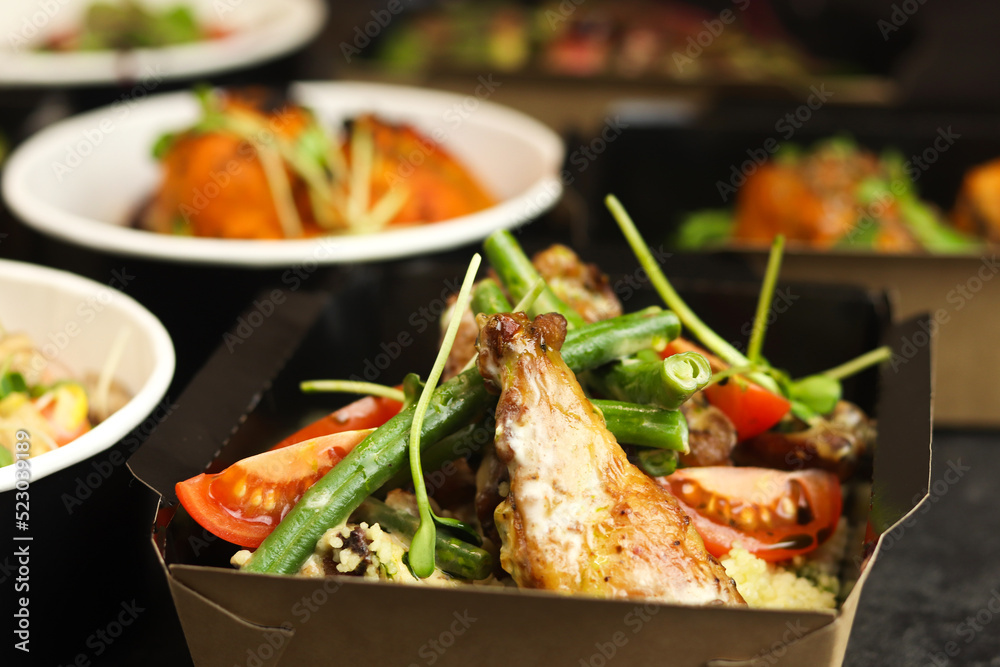 Ready healthy food menu in lunch boxes with fish, meat and vegetable ...