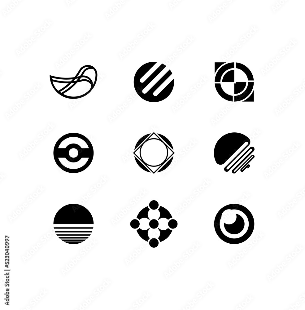 black and white icons set. symbols. circle variation. figures ...