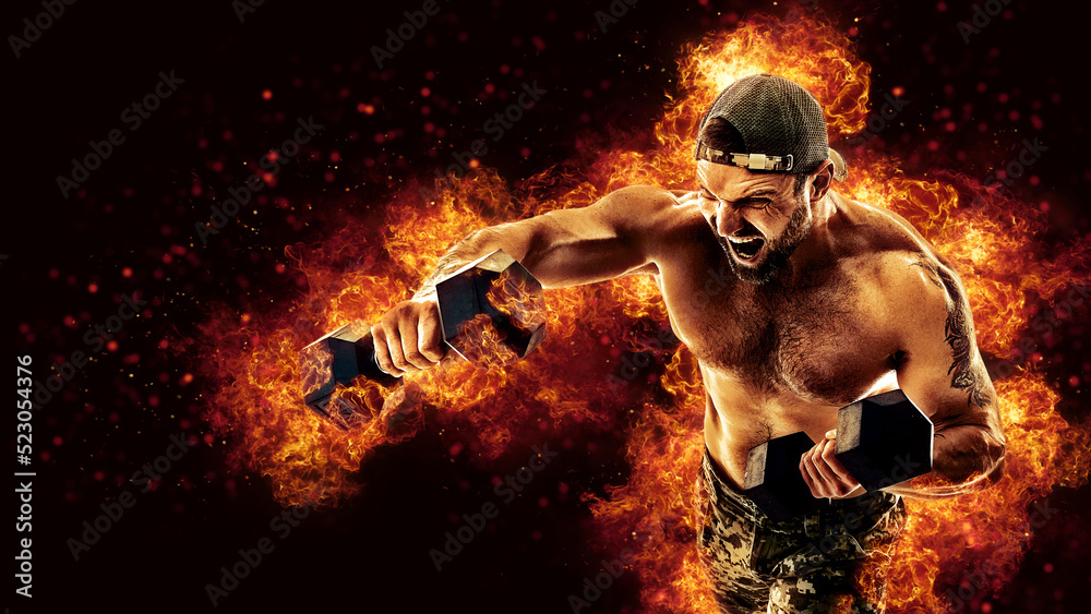 Handsome bearded shirtless tattooed bodybuilder workout wih dumbbell ...