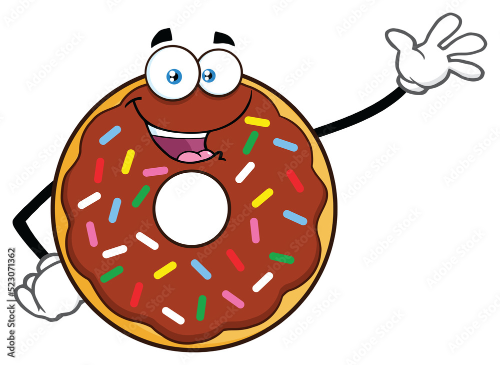 Cute Chocolate Donut Cartoon Mascot Character With Sprinkles Waving ...