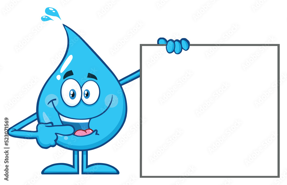 Blue Water Drop Cartoon Mascot Character Pointing A Blank Sign. Hand ...