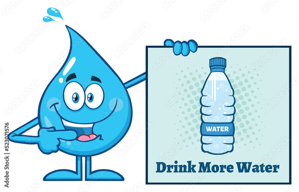 Blue Water Drop Cartoon Mascot Character Pointing A Drink More Water ...