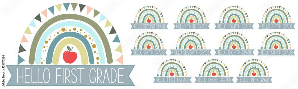 Hello First Grade print set, Back to School vector concept, Teacher ...