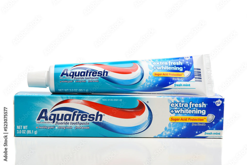 IRVINE, CALIFORNIA - 12 AUG 2022: A tube of Aqua Fresh Toothpaste ...