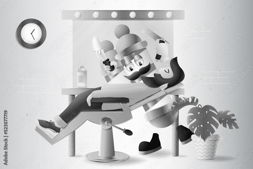 Barbershop illustration, barber pole cartoon character shaves bearded ...