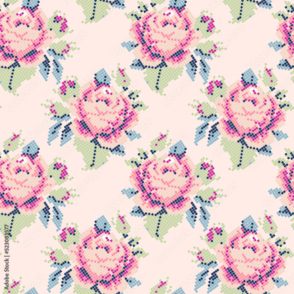 Rose pixel art seamless pattern Stock Vector | Adobe Stock