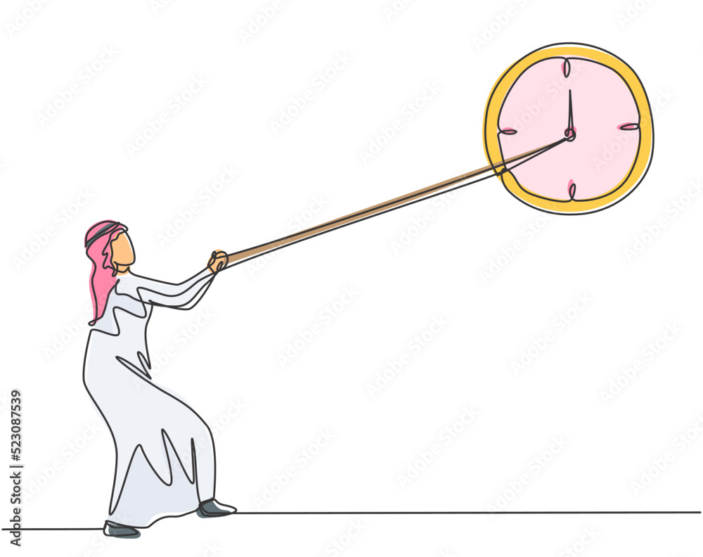 Single continuous line drawing young Arab business man pulling ...