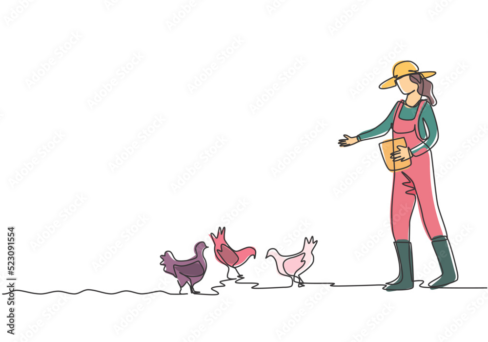 Single one line drawing of young female farmer is feeding the chickens ...