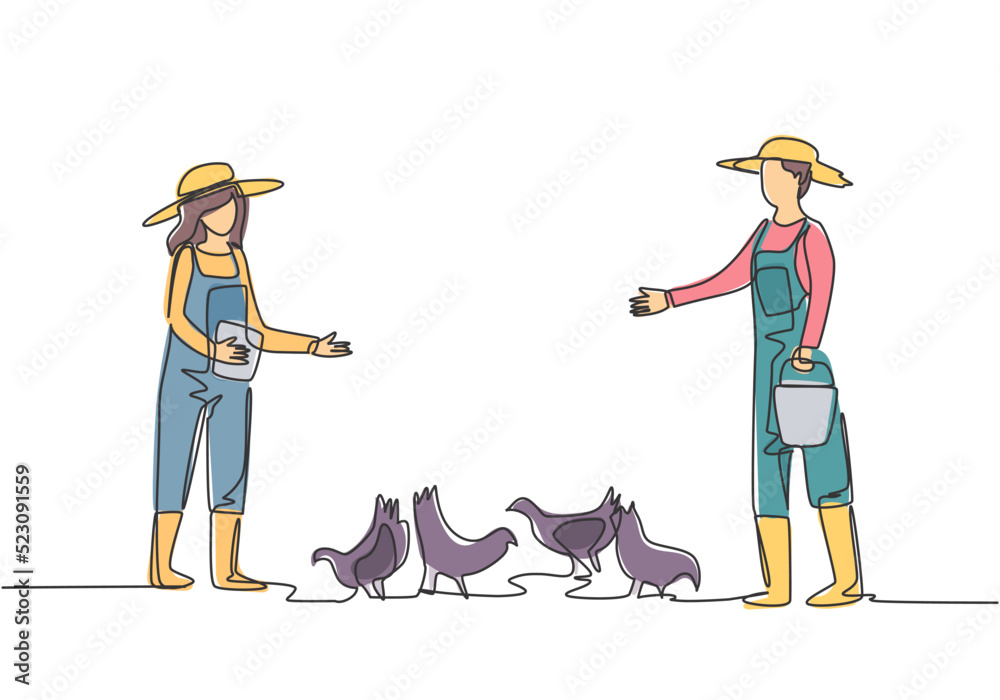 Continuous one line drawing young couple farmer is feeding the chickens ...