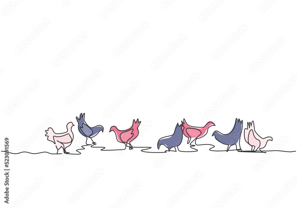 Single continuous line drawing of several chickens were playing in the ...