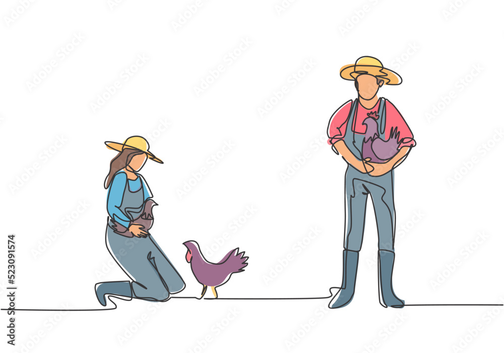 Single one line drawing of man farmer carried the chicken with both ...