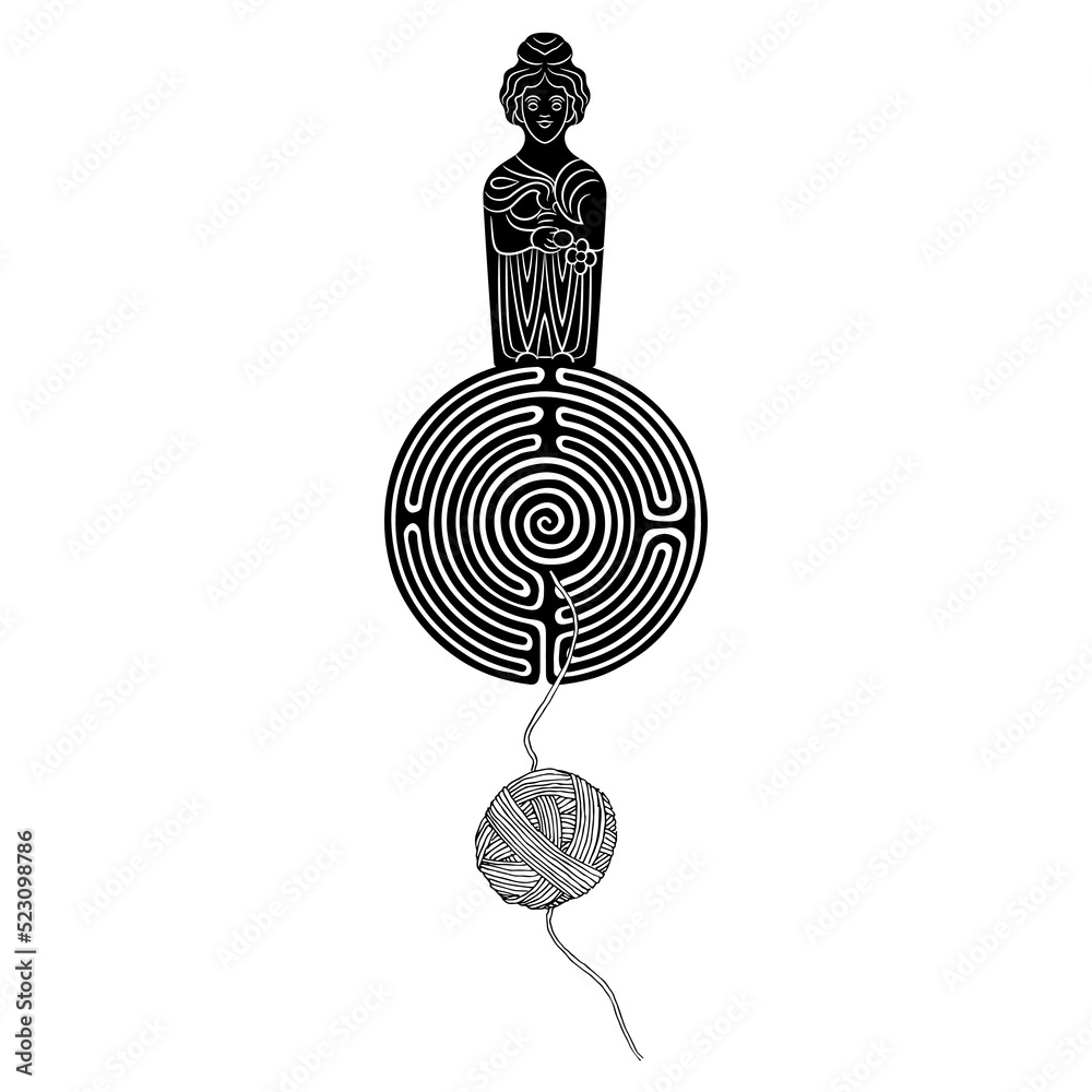 Celtic goddess standing on a round spiral maze or labyrinth symbol and ...
