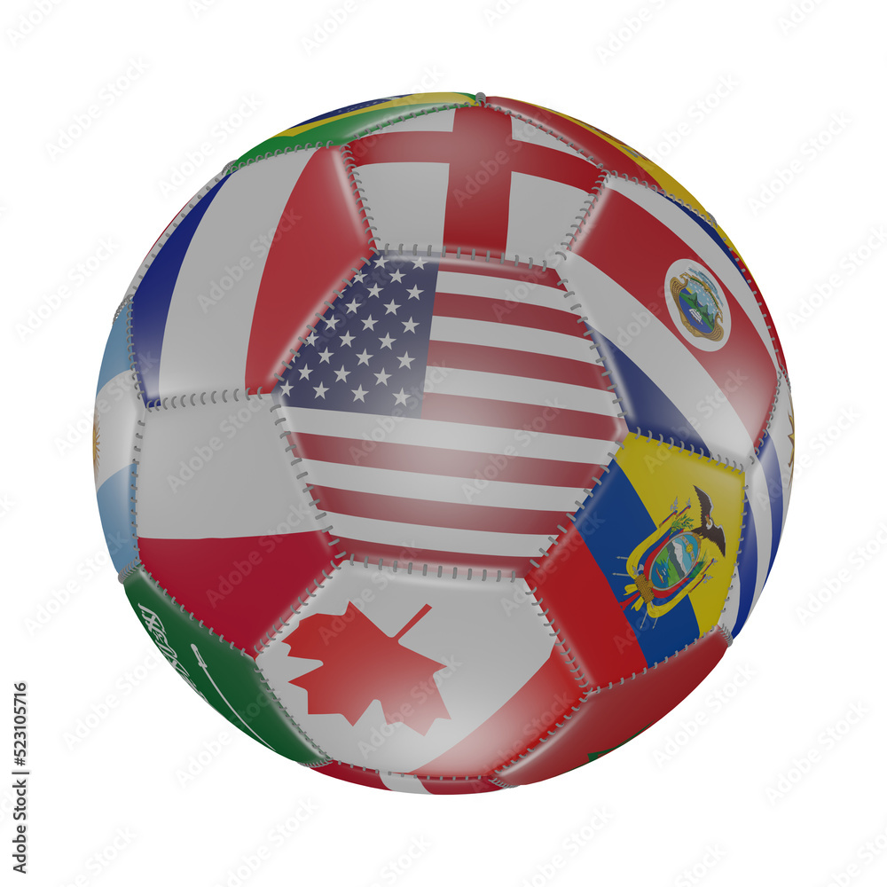 USA flag among other world flags on 3D soccer ball. Isolated on ...