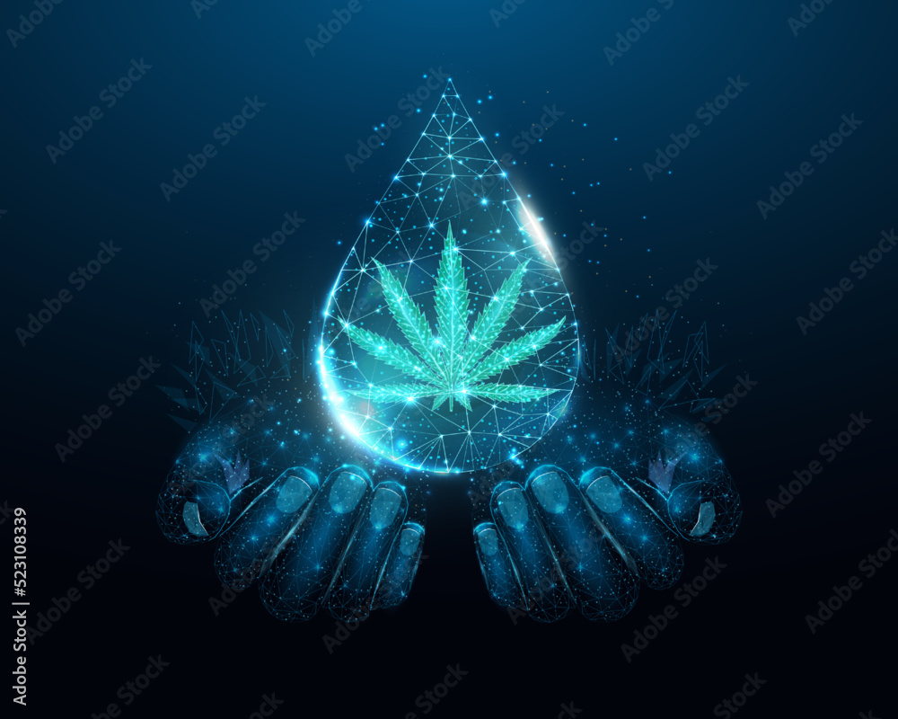 Two human hands are holds cannabis oil. Low poly hemp in oil drop ...