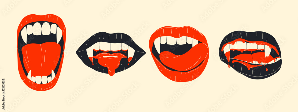 Vampire mouth with fangs set. Closed, open female red lips with long ...