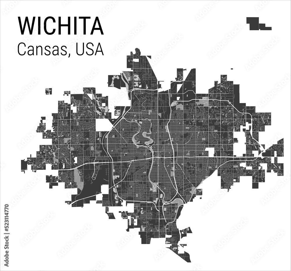 Wichita Kansas vector map. Detailed black map of Wichita city poster ...
