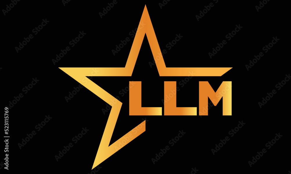 LLM golden luxury star icon three letter logo design vector template ...