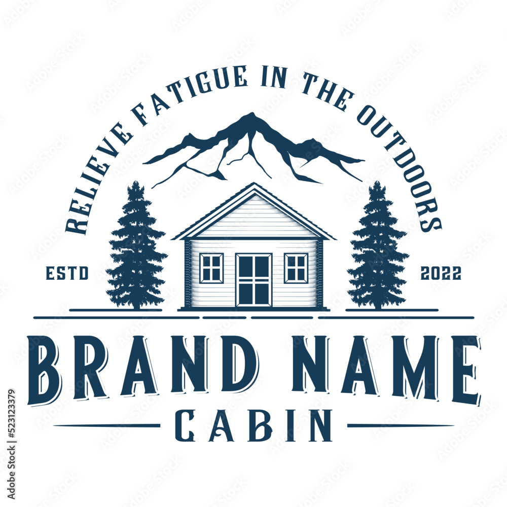 cabin vector logo. wooden house concept surrounded by pine trees an ...