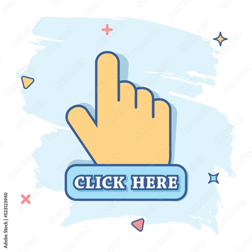 Vector cartoon click here icon in comic style. Hand cursor sign ...