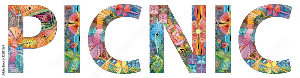 Vector illustration of PICNIC text for literature lesson, school, class ...