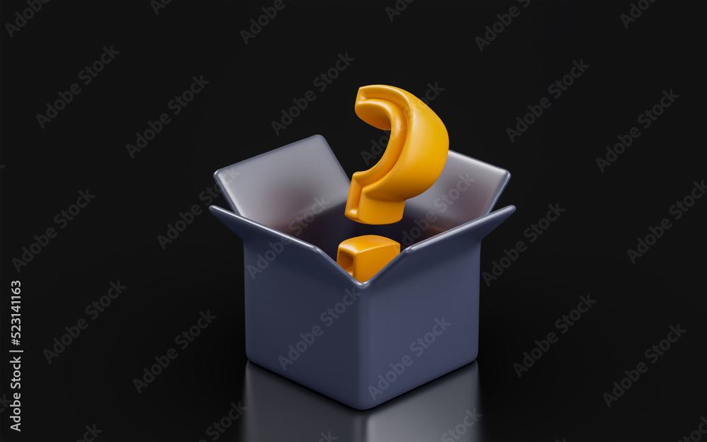 black box with question mark sign on dark background 3d render concept ...