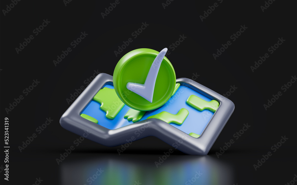 world map check mark sign on dark background 3d render concept for ...