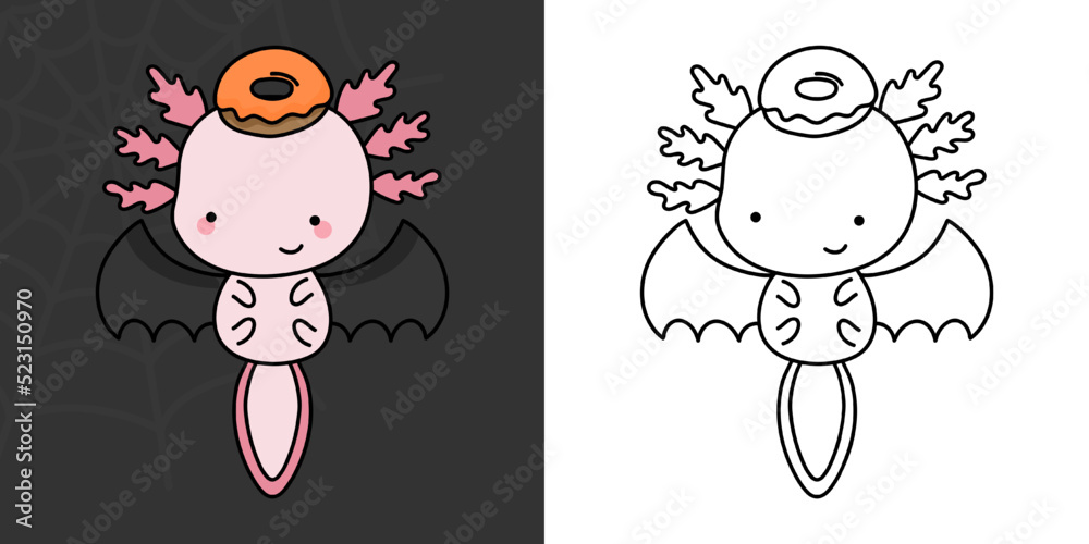 Set Clipart Halloween Axolotl Multicolored and Black and White. Kawaii ...