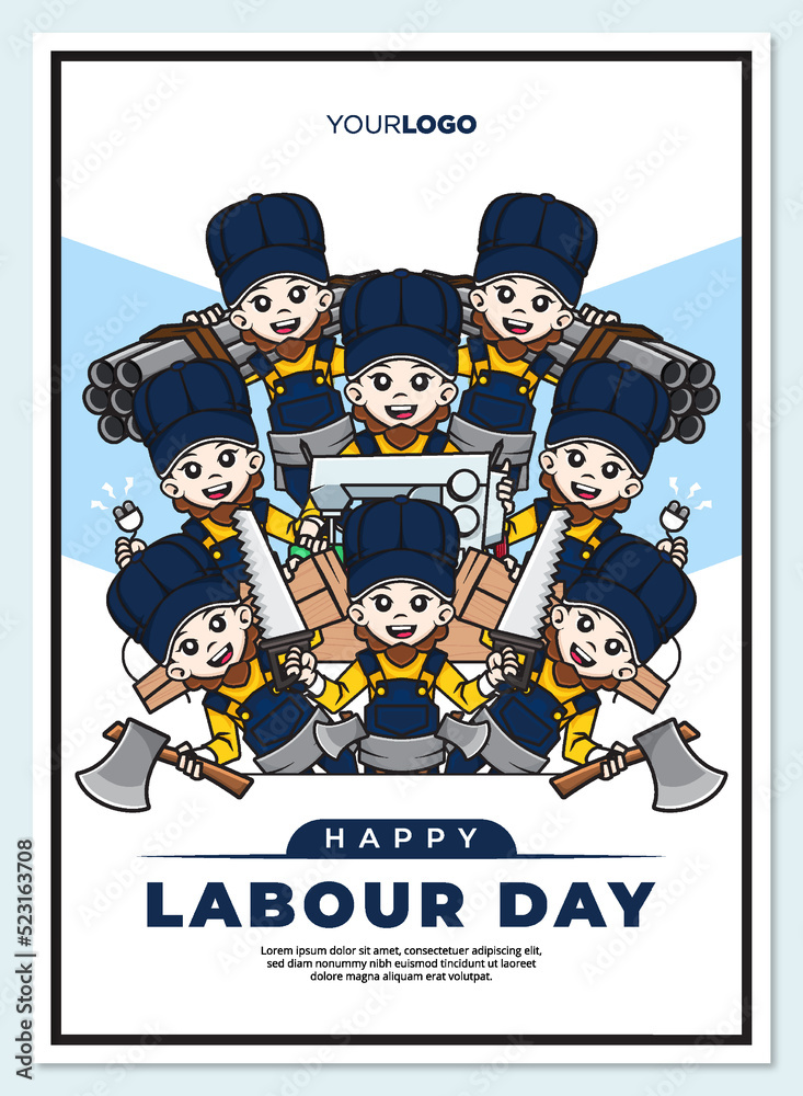 Happy labour day poster template with cute cartoon character of workers ...