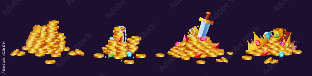 Game treasure. Crystal pirate loot. Cartoon crown and cup. Gold ...