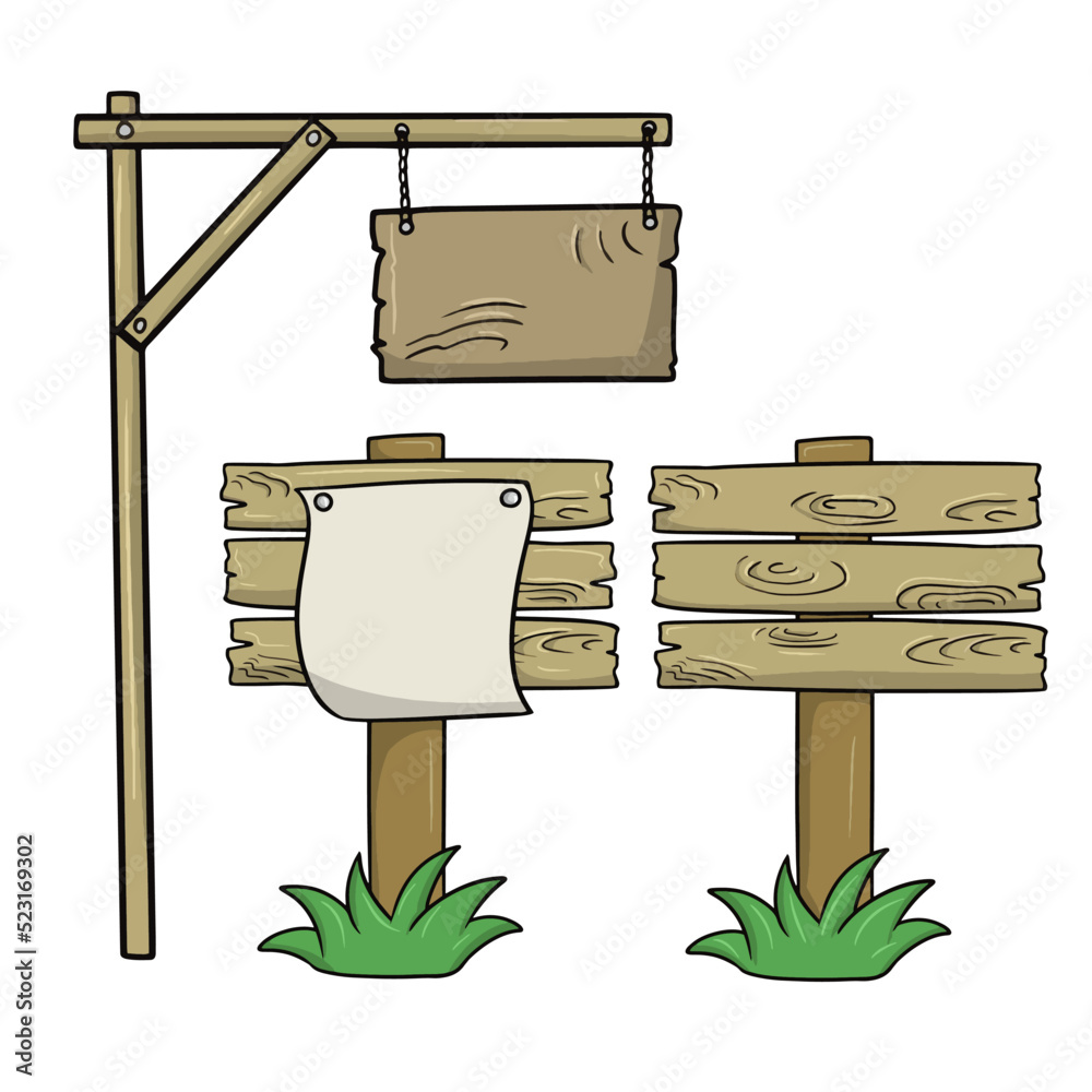 Collection of bulletin boards, various old brown wooden signs on a pole ...