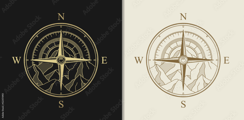 Gold luxury compass with mountain background vector illustration Stock ...