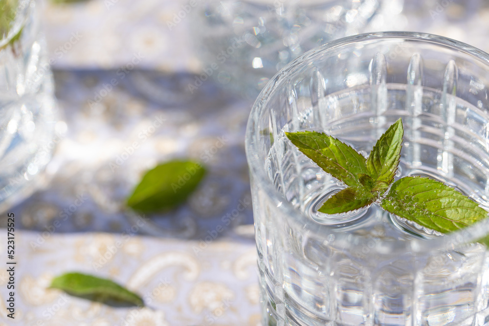 sprudelndes Wasser in einem durchsichtigen Glas mit einem Minzblatt auf ...