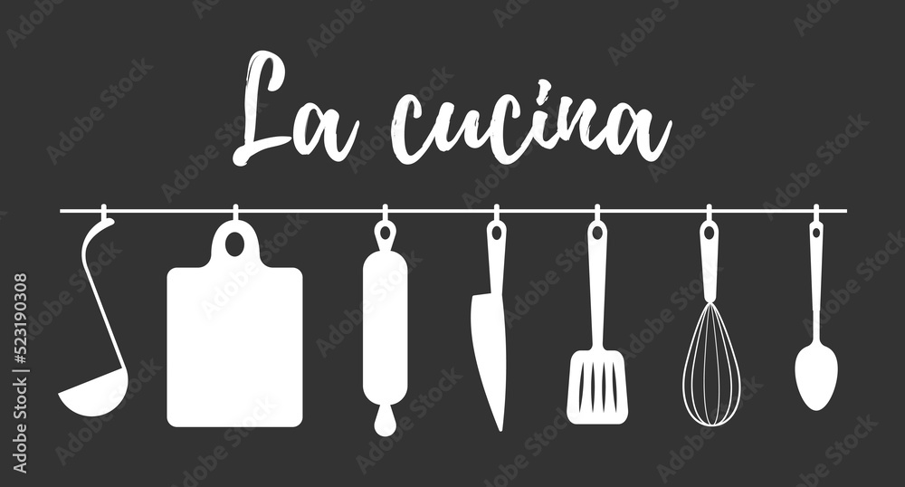 Cucina Italiana writing with fork and knife. Cutlery fork and spoon ...