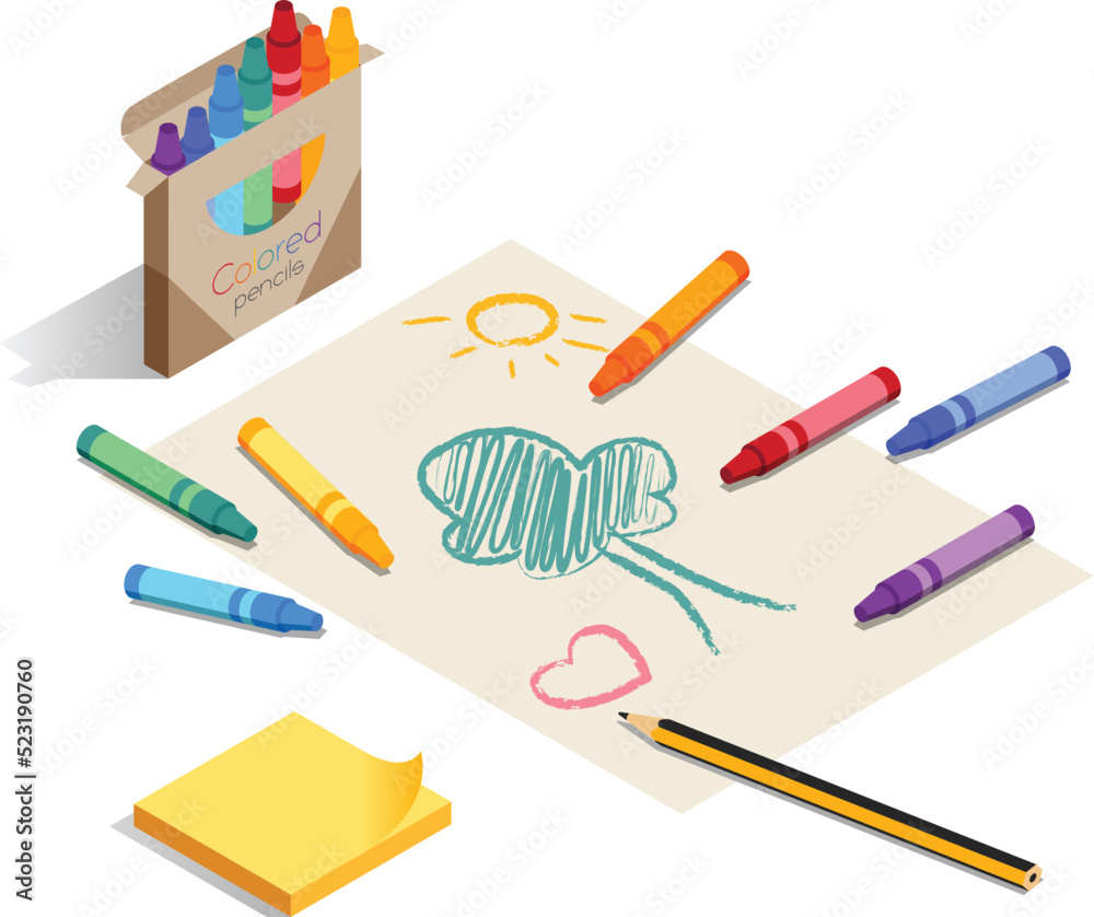 set of crayons one inside a box and other separated colors and pencil ...