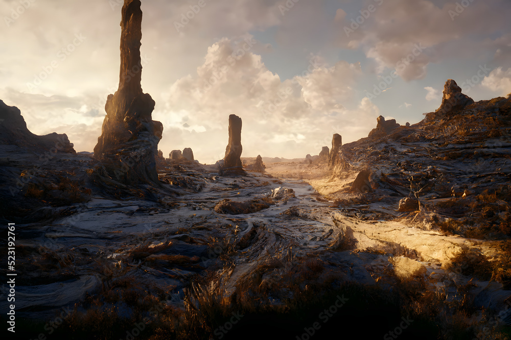 alien planet lava fields volcanic landscape with vertical mountain ...
