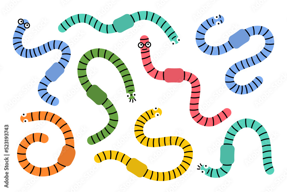 Colored worms character set. Earthworm mascot with eyes and cute faces ...