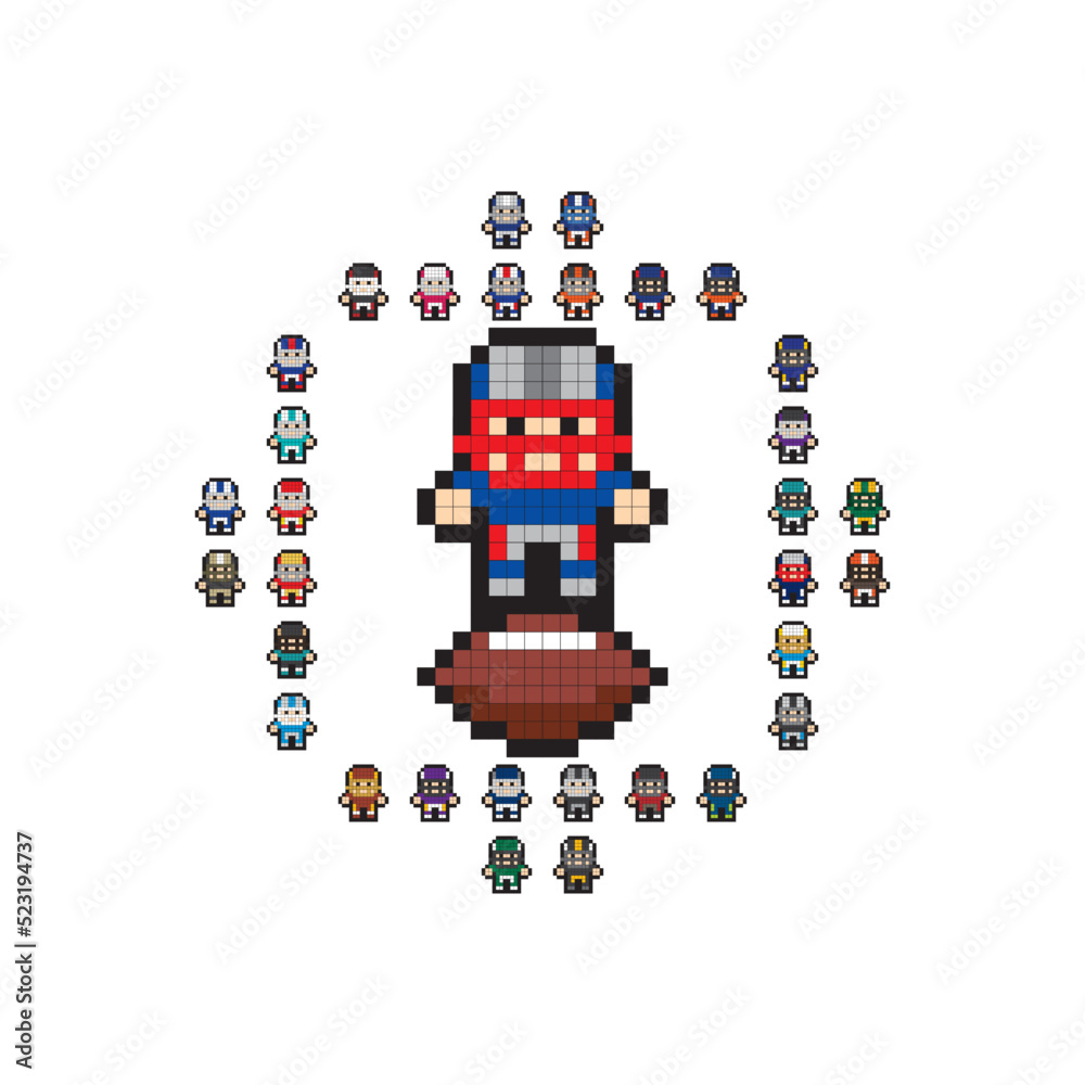 Characters in uniforms of American football teams drawn in 8-bit video ...