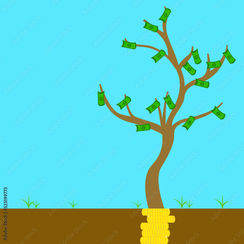 Growing money tree vector illustration. Potted plant with dollar ...