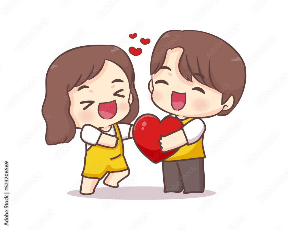 Cute lovers couple greeting pose. Boy giving red love heart. Happy ...