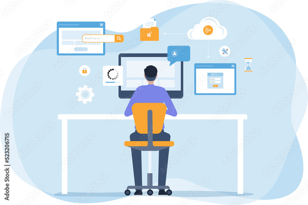 business man working on monitor computer and design concept technology ...