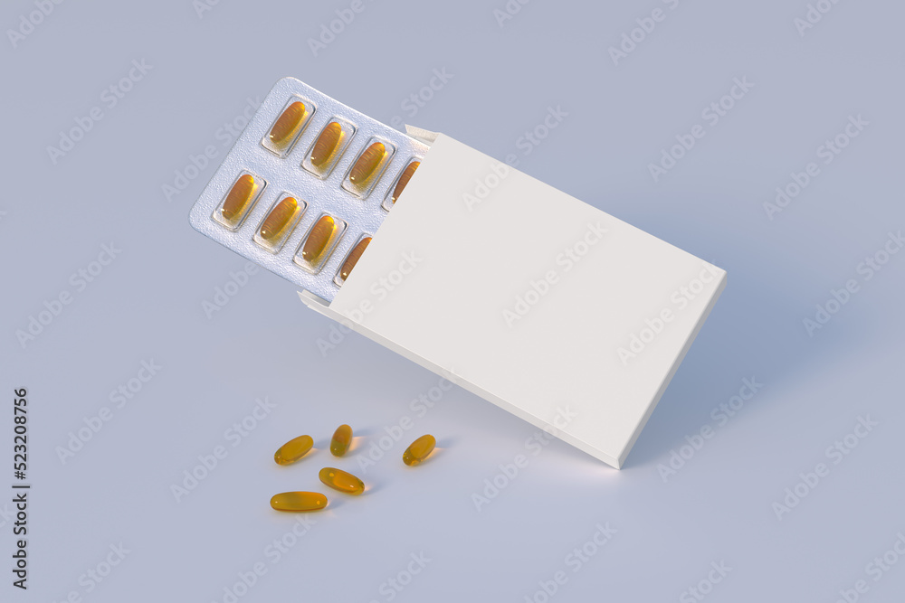 Editable mockup of fish oil omega 3 golden capsules in a blister pack ...
