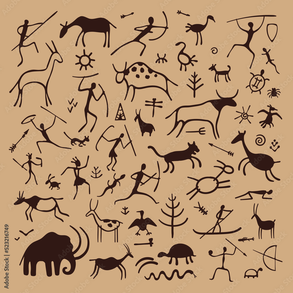 Rock painting. Primitive ancient caveman sketch, prehistoric symbols of ...