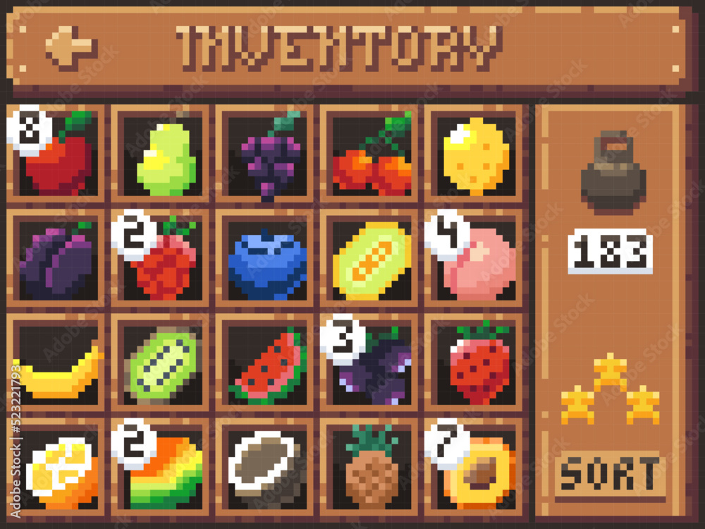 Pixel fruits inventory. Cartoon game interface screen with fruits and ...