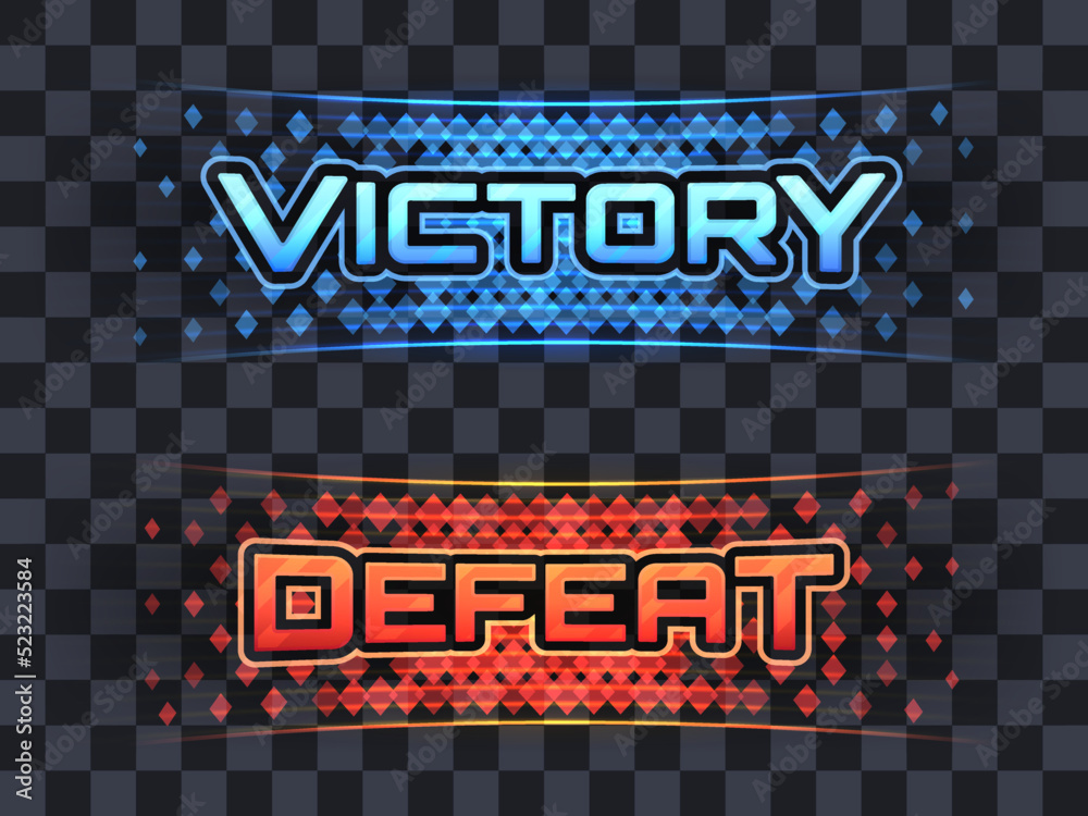 Victory and defeat holographic signs on a transparent background. Game ...